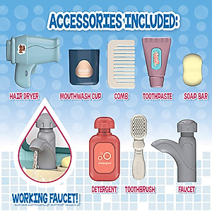 Toy Chef Kids' Wash Up Sink Pretend Playset, Bathroom Vanity Mirror with Sink and Running Water and Light, Realistic Playset with Toy Bathroom Toiletry Accessories, Light Up Toy with Sound