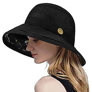 Mesh-Breathable Sun-Hat for Women,Floral Wide-Brim Beach Bucket Hat with Detachable Chin Strap Girls Teens Fishing Hat (as1, Alpha, l, Black with Flower Printed, Large)