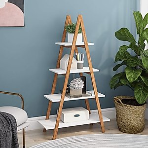 Knocbel 4-Tier Bamboo Ladder Shelf Storage Shelves Display Rack, Bookcase Plant Flower Pots Stand, 22 Lbs Capacity of Each Tier, 31.49" L x 11.73" W x 53.54" H (White and Brown)
