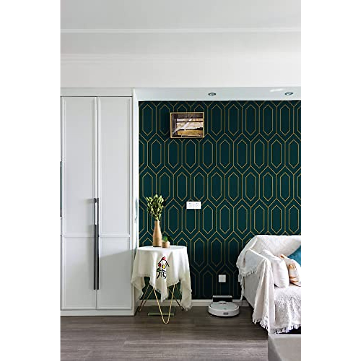 Safiyya Peel and Stick Wallpaper Gold and Dark Teal Green Wallpaper Geometric Contact Paper Textured Wallpaper Self Adhesive Removable Wallpaper for Walls Vinyl Roll 118"x17.3"