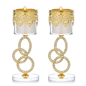 Sziqiqi Candlestick Holders for Votive Tea Light Candles Crystal and Glass Candleholder Set of 2 for Home Room Entryway Shelf Decor Wedding Centerpiece Decor, Coned Candle Cup, Gold, 6.9in Tall