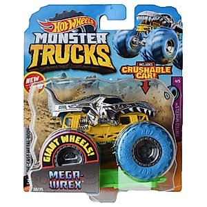 Hot Wheels Monster Trucks 1:64 Scale Mega Wrex 28/75 Includes Crushable Car, Gray with Blue Wheels