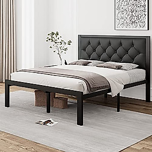 iPormis Full Size Metal Bed Frame with Faux Leather Button Tufted Headboard, 12" Underbed Space, Steel Slats Support, Noise Free, Easy Assembly, No Box Spring Needed, Black