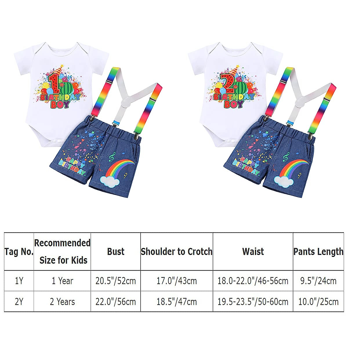 IMEKIS Watermelon 1st Birthday Outfit Baby Boy Cake Smash Romper Blue Denim Bloomers Jeans Shorts Rainbow Suspenders Photoshoot Toddler Summer Melon First Birthday Glow Party Supplies One 1 Year
