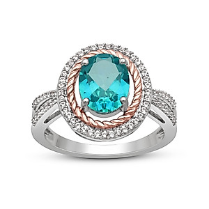 Jewelili Rose Gold Over Sterling Silver 9x7 MM Oval Cut Paraiba Topaz and Round Created White Sapphire Halo Engagement Ring, Size 7