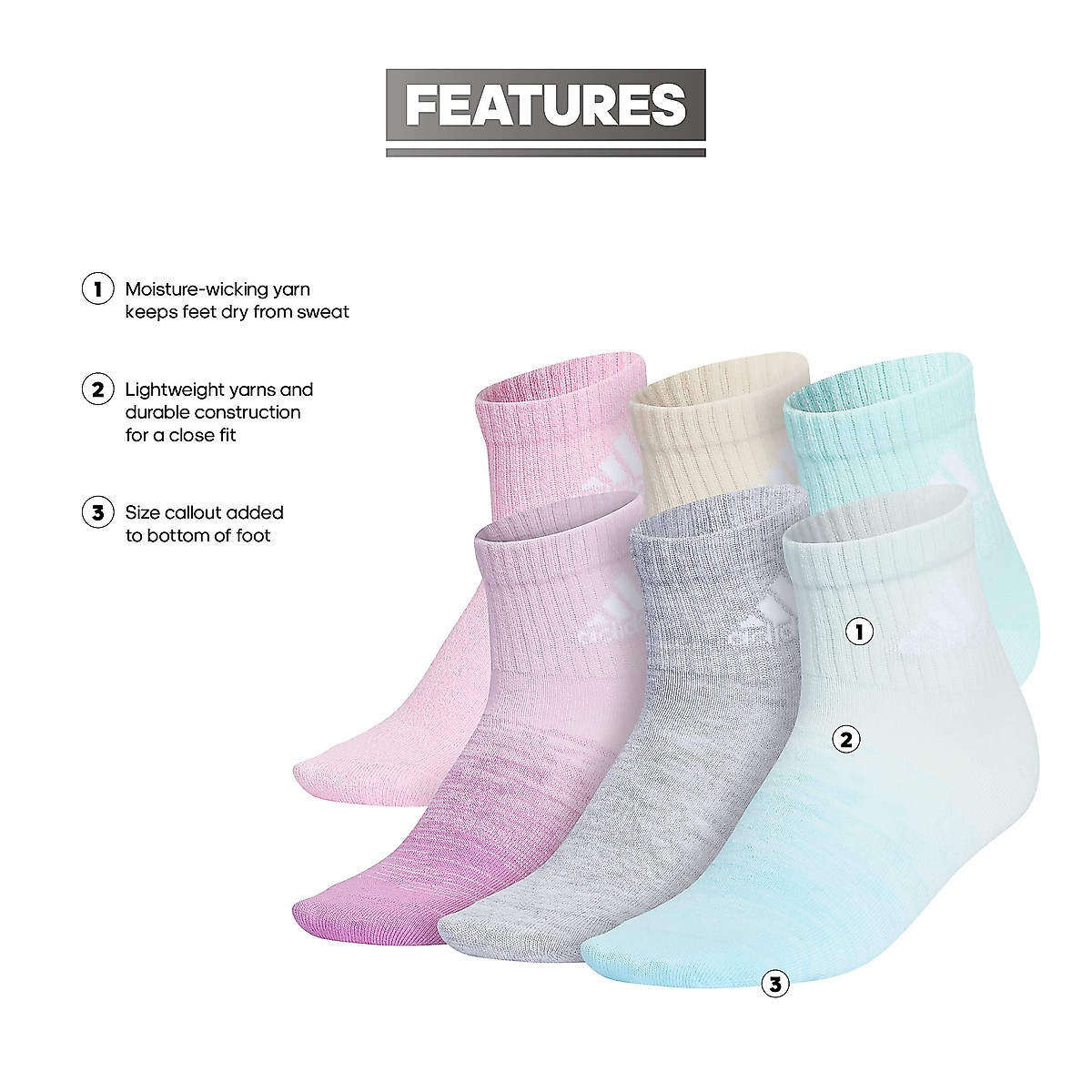 adidas Kids-Girl's Superlite Badge of Sport 3.0 Quarter Socks (6-Pair), Bliss Blue/Cool Light Heather/Pulse Lilac Purple, Medium