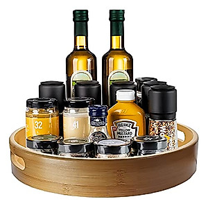 14 Inch Bamboo Lazy Susan Organizer, Wooden Turntable for Kitchen Countertop, Wood Rotating Tray Turn Table with Handle, Spinning Spice Rack for Cabinet Pantry Counter Top Organization