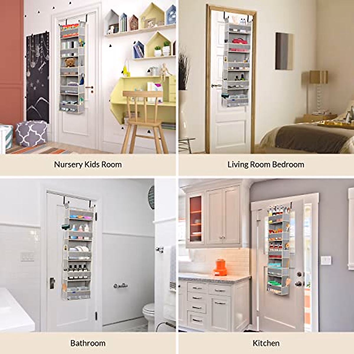 roomtalk Over The Door Hanging Organizer 5-Shelves for Bathroom, Door Organizer Hanging with 2 Large Metal Hooks & 10 Pockets, Over The Door Storage for Baby Nursery, Grey