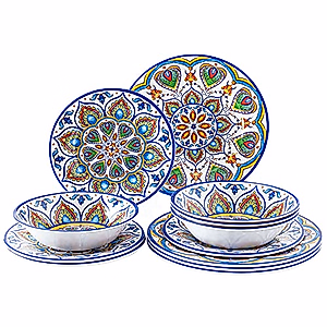 Melamine Dinnerware Set - 12 Pcs Dishware DurableOutdoor Plastic Plates Bowls Service for 4 (Gold Floral)