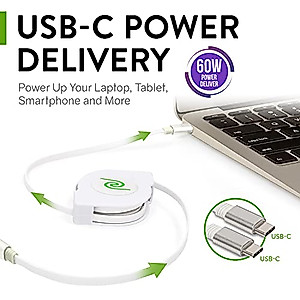 ReTrak USB C Cable, USB C to USB C 6ft Retractable Cable, 60W Power Delivery for MacBook, iPad Pro 2020, iPad Air 4, Dell, HP, Google Pixel 4a, and More