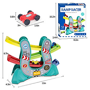 Toys Car Ramp Racer Toy Vehicle Track Set for Toddler 1 2 3 Year Old Boys Girls Gifts,Garage Playset with 4 Mini Racers & Building Parking Lot, Green