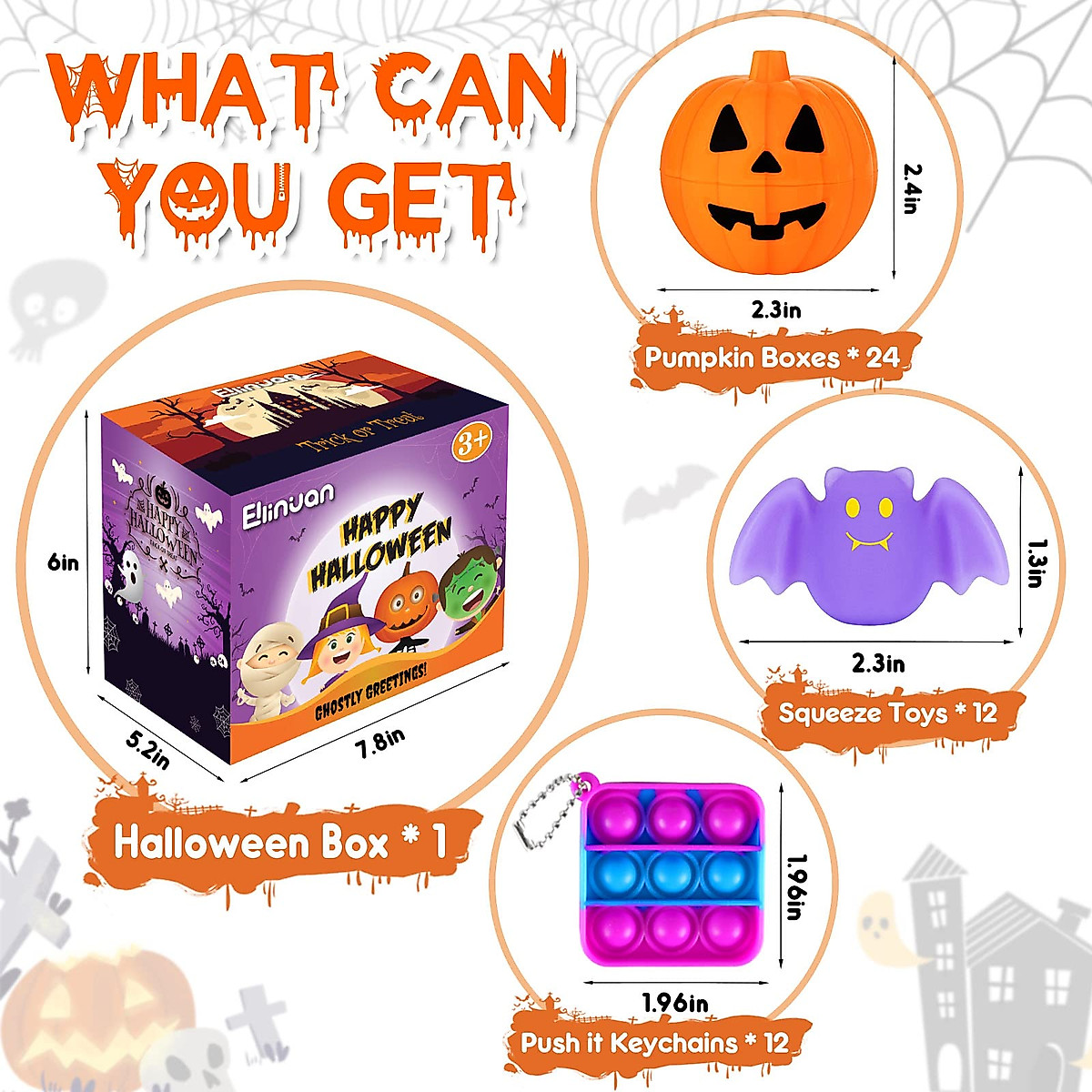 48 Halloween Toys Pack with Pumpkin Box, Halloween Party Favors Gifts for Kids, Squishy Mochi Toys in Bulk with Bubble Push it Keychain, Halloween Treat Bags Fillers, Trick or Treat Classroom Prizes