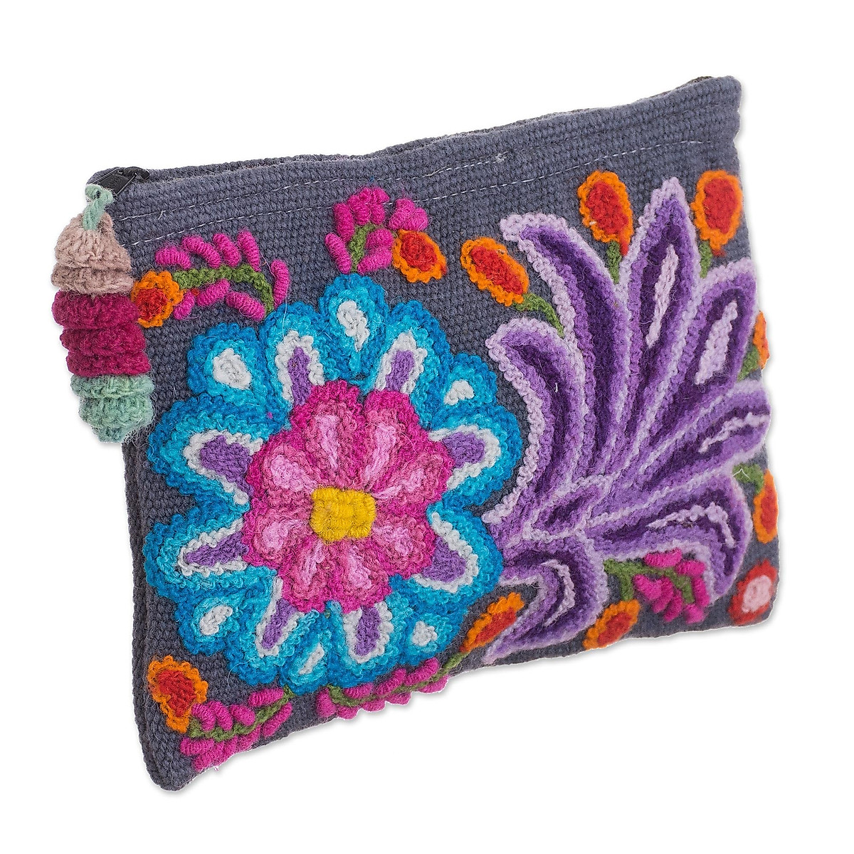 NOVICA Artisan Hand Embroidered Alpaca Clutch Floral in Slate from Peru Wool Handbags Grey Multicolor Clutches Patternedembroidered ' Midnight Delight'