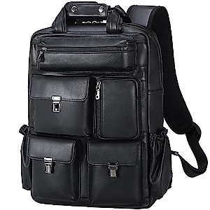 Masa Kawa Black Leather Backpack for Men 15.6 Inch Laptop Bag Multi Pockets Rucksack Casual Business Work Travel Daypack
