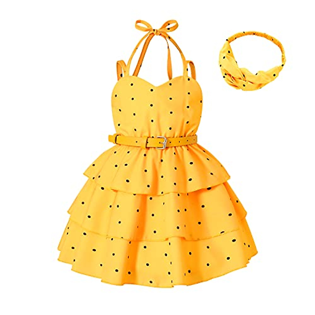 Toddler Girls Dress Halter Dots 3-Layer Pleated Party Dress Chiffon One-Piece A-line Dress with Belt and Headband Summer Outfits (Yellow dots Girls Dress, 4_Years)