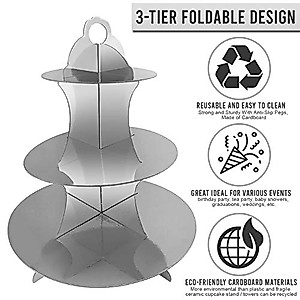 3-Tier Round Cardboard Cupcake Stand (12" W x 13.5" H) Birthday Wedding Special Event Decoration Reusable (1PC) (Silver)