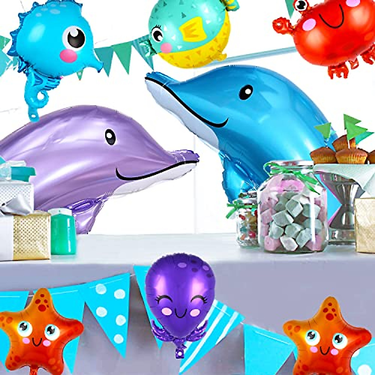 timecity Large Fish Dolphin Foil Balloons 5pcs Ocean Animals Balloons Fish Foil Mylar Balloons Sea Animal Balloons for Kids Birthday Mermaid Themed Party Decorations