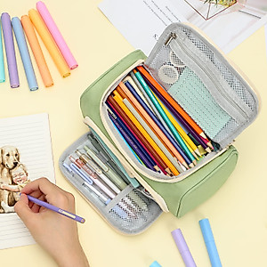 LABUK Large Pencil Case, Big Capacity Pencil Bag with 3 Compartments, for School Teen Girl Boy Men Women,Green