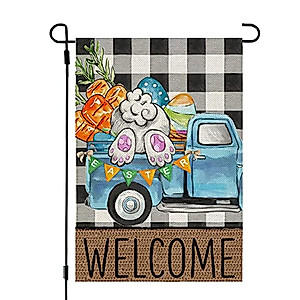 CROWNED BEAUTY Easter Truck Garden Flag Buffalo Plaid 12x18 Inch Double Sided for Outside Bunny Tail Burlap Small Welcome Yard Holiday Decoration CF707-12