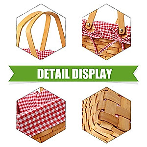 Picnic Basket Natural Woven Woodchip Basket with Double Folding Handles, Picnic Blanket Easter Basket for Easter Egg Candy Halloween Christmas Kids Toy Storage (Red and White Grid)