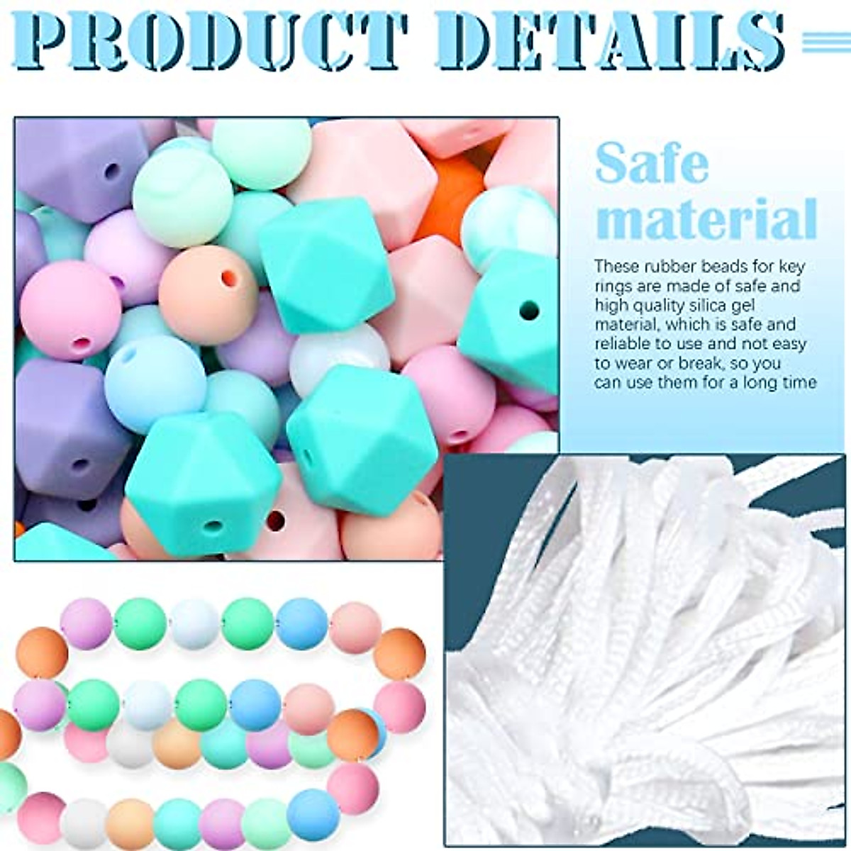 101 PCS Silicone Beads, Silicone Loose Beads for Keychain Making Round Rubber Beads Polygonal Silicone Beads Colorful Silicone Loose Pearl Beads with Rope for DIY Necklace Bracelet Jewelry Crafts