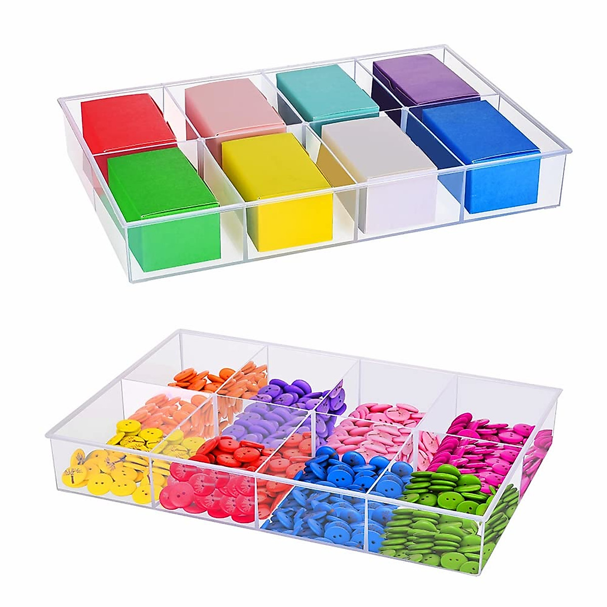 BangQiao 2 Pack Fixed 8 Grids Clear Plastic Organizer Sorting Tray and Transparent Storage Divider Box Container Case for Hardware, Craft, Sewing Kit, Office Supplies, Small Parts