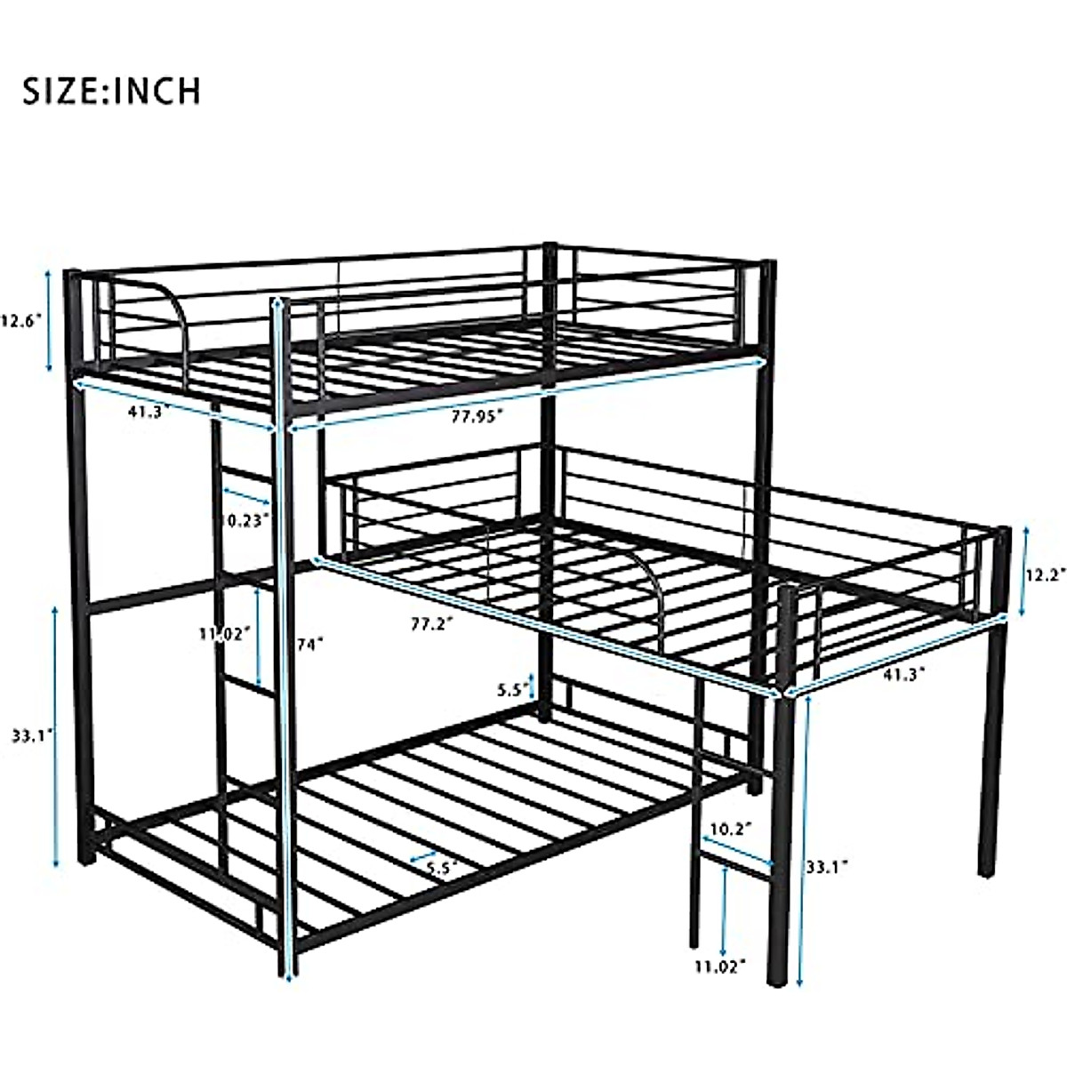 STP-Y Metal Bunk Bed with Desk, Twin Over Twin Over Full Bunk Beds, L-Shaped Metal Triple Twin Over Full Bunk Bed Teens Adult, Black with Desk (Color : Black)