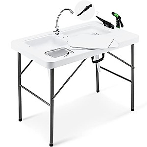 Avocahom Folding Fish Cleaning Table Portable Camping Sink Table w/Dual Water Basins, Faucet Drainage Hose & Sprayer Outdoor Fish Fillet Cleaning Station w/Knife