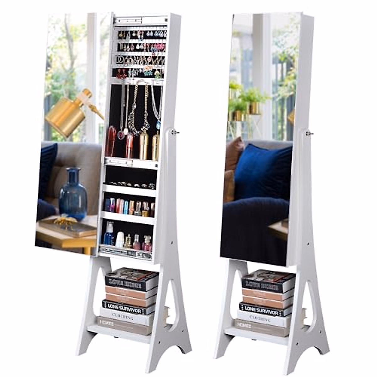 AnQuipet jewelry cabinet floor standing,freestanding jewelry cabinet with full- length mirror, Standing Mirror with Jewelry Storage for Bedroom