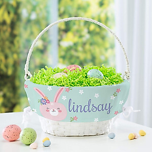 Personalized Girl Bunny Easter Egg Basket with Handle and Custom Name | Pink Easter Basket Liners | White Basket | Woven Easter Baskets for Kids | Customized Easter Basket | Gift for Easter