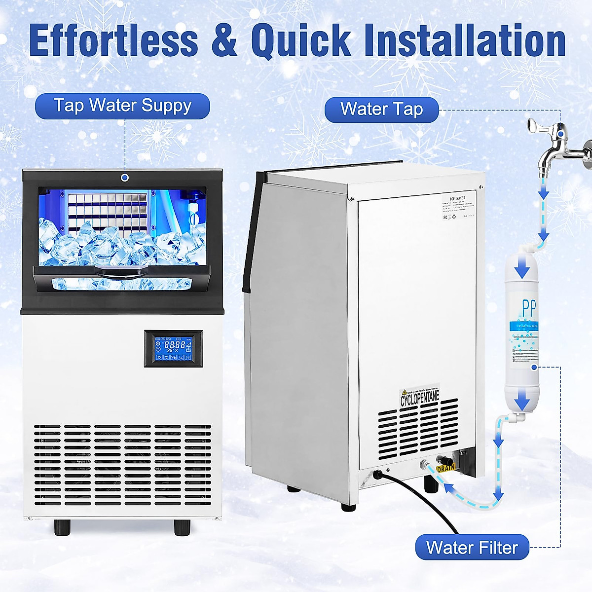 Commercial Ice Maker Machine, Freestanding/Under Counter Stainless Steel Ice Machine, 80Lbs/24 Hour with 24Lbs Ice Storage Capacity, Self Cleaning, Ideal for Restaurant/Bar/Cafe/Shop/Home/Office