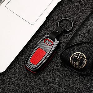 Beerte Key Fob Cover fit for Audi A3 A4 A5 A6 A7 A8 S5 Q3 Q5 Q7 TT Key Shell 3 Button Keyless Entry Remote Control Smart Car Key Fob Protective Case(Red Carbon Fiber)
