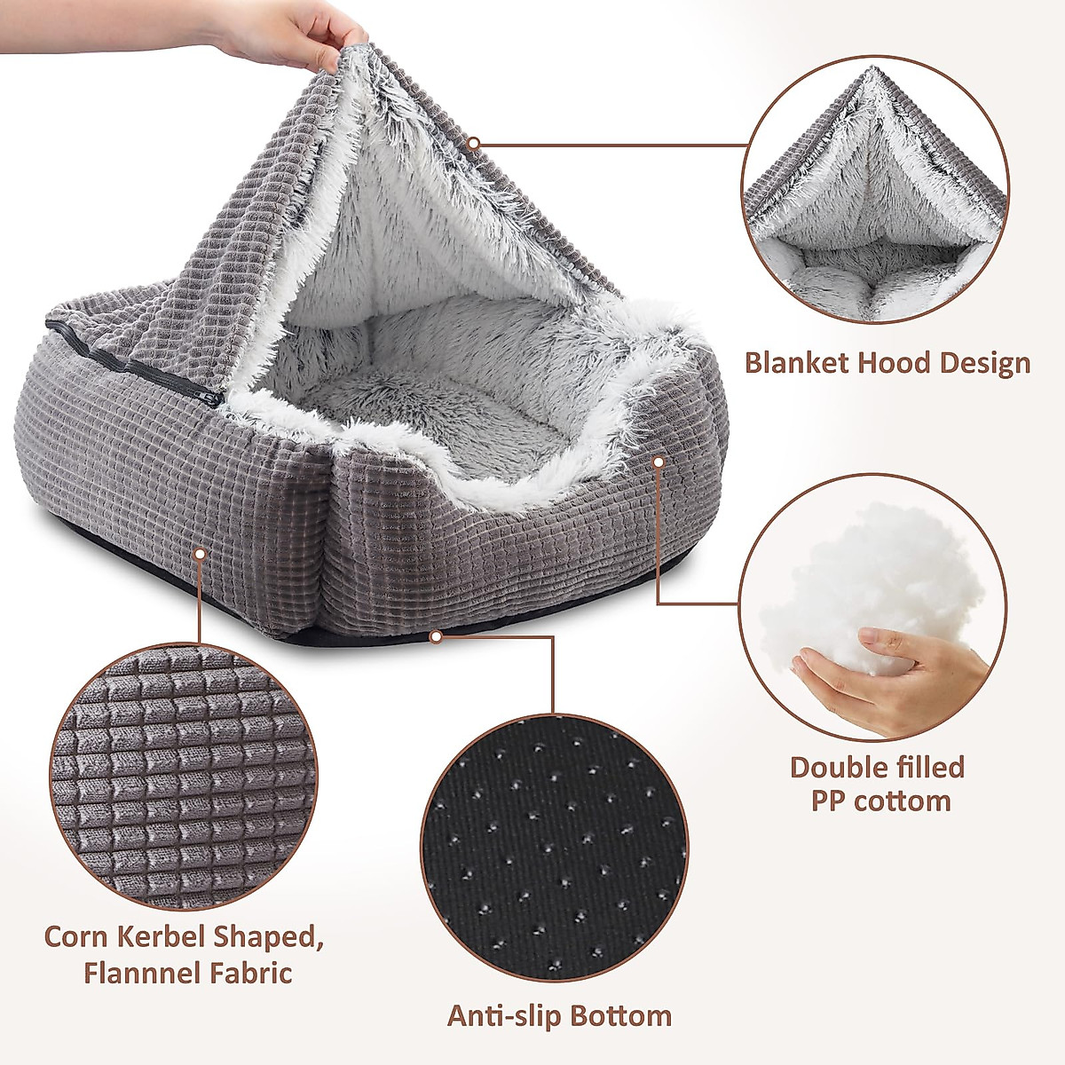 MIXJOY Dog Beds for Large Medium Small Dogs, Rectangle Cave Hooded Blanket Puppy Bed, Luxury Orthopedic Cat Beds for Indoor Cats, Warmth and Machine Washable (30 inches, Grey)