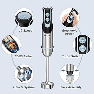 FRESKO Immersion Blender Handheld, 4-in-1 Stainless Steel Hand Stick Blender Electric with 12-Speeds & Turbo Mode, Powerful 500W Emulsion Blender with Beaker, Chopper & Whisk for Smoothies, Soup
