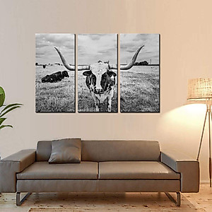 VividHome Texas Longhorn Bull Picture Cow Wall Decor Animal Canvas Print Black and White Farmhouse Wall Art for Living Room 32x48inch