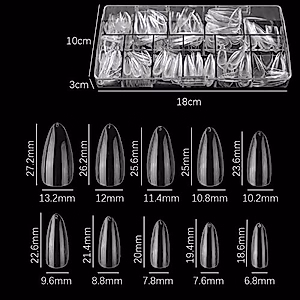 500Pcs Medium Almond Fake Nail Tips Full Cover Clear Acrylic Nails Press on Nails for DIY Nail Art, 10 Sizes (Clear)