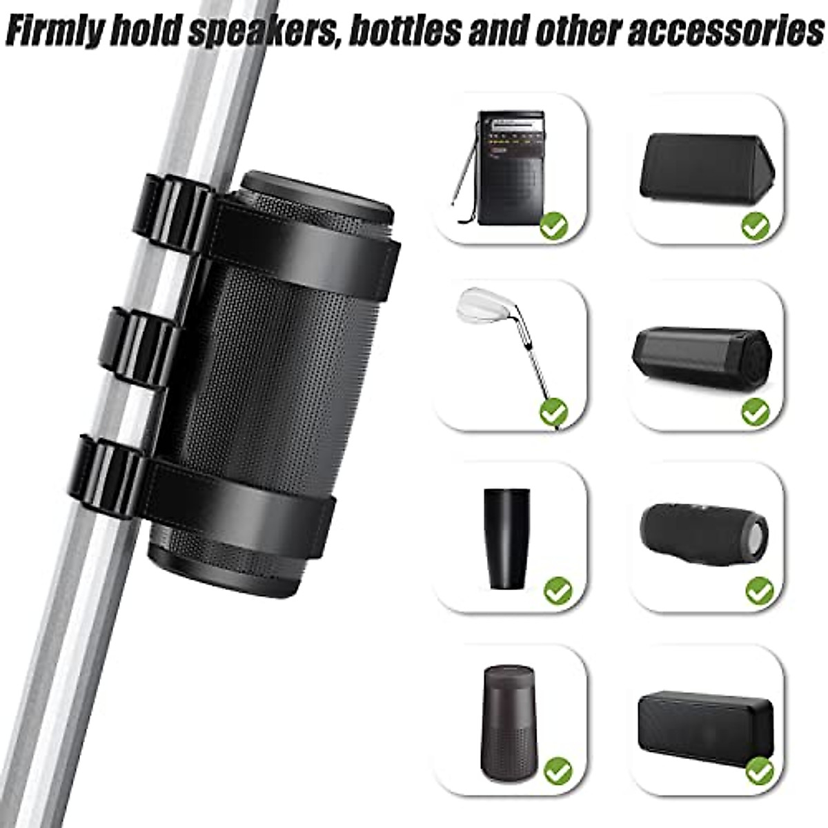 WALI Portable Speaker Mount for Outdoor Golf Cart Railing, Bike or Boat, Adjustable Strap Fits Most Bluetooth Wireless Speakers Attachment Accessory Holder (SSH001-B), Black