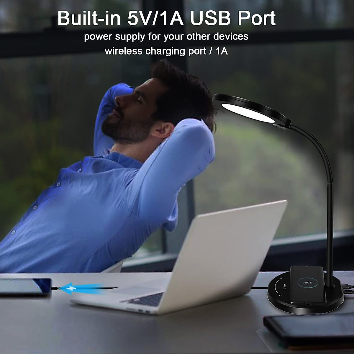 GLFERA Desk Lamp, LED Desk lamp with USB Charging Port, 5 Lighting Modes 10 Brightness Levels, Sensitive Control Eye-Caring Office Lamp Black