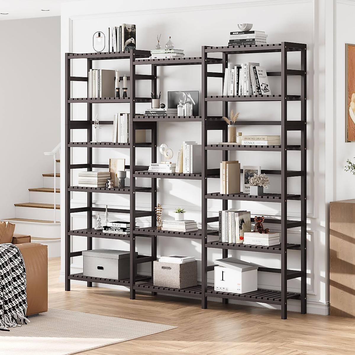 FOTOSOK Triple Wide 6-Tier Bookshelf and Bookcase,Large Freestanding Book Shelf with 17 Open Display Shelves, Tall Bookshelf Plant Flower Shelf Rack Storage Organizer Unit for Living Room, Dark Brown