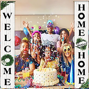 Allenjoy Boxwood Welcome Decorations Sign Home Sweet Home Porch Banner Vertical Haning Wall Door Decor White Wood Farmhouse Outdoor Indoor 11.8x70.9 Inch Home Event Front Yard Party Supplies 2PCS
