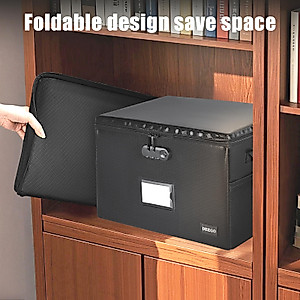 Fireproof Document Box, Water-Resistant File Organizer Box with Lock, Portable File Box with Handle Document Organizer Collapsible File Cabinets for Home Office for Hanging Letter/Legal Folder, Black
