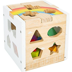 Wooden Rainbow Shape Sorter Cube – Sorting Toy with 13 Geometric Shapes & Removable Lid – Educational Game for Dexterity & Fine Motor Skills – Teaches Counting, Shapes and Colors – Ages 12+ Months