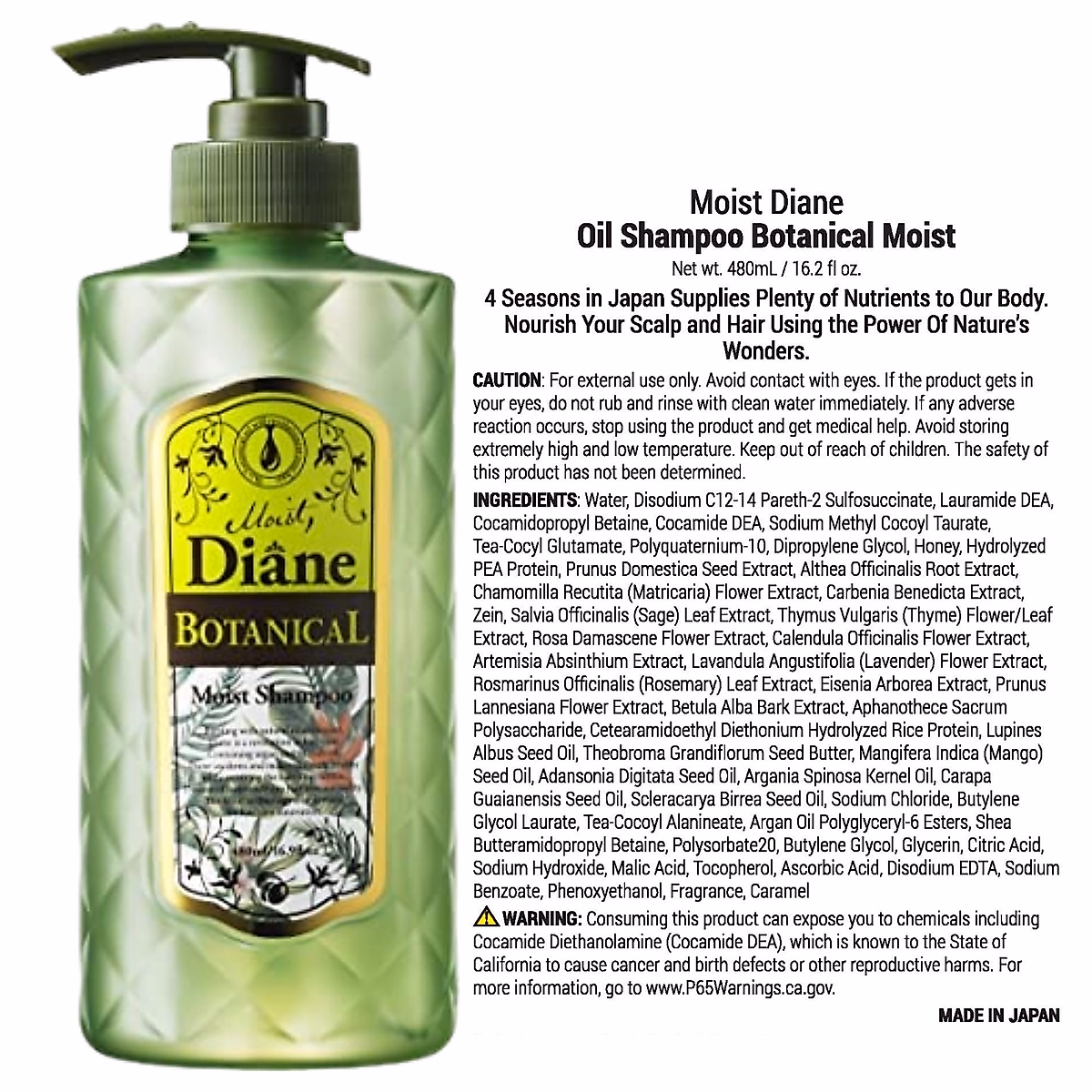 Moist Diane Natural & Organic Moisturizing Hair & Scalp Shampoo with Pump for Women & Men, Japanese Haircare Products for Dry, Damaged, Colored, Curly, Oily Hair, Botanical Moist 16.2 Fl Oz/480ml