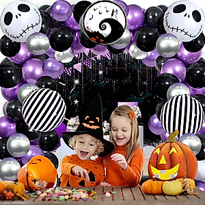 Nightmare Before Christmas Balloons Decorations Skull Halloween Party Decorations Balloon Garland Kit Purple Black Balloon Arch with Skull Balloons for Halloween Birthday Baby Shower Decorations