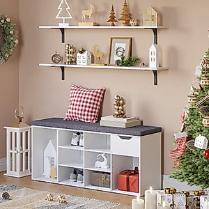 DINZI LVJ Shoe Bench, Entryway Storage Bench with Drawer and 11 Cubbies, Cubby Shoe Rack with Adjustable Shelves, Shoe Organizer Cabinet for Living Room, Bedroom, Mudroom, Closet and Garage, White