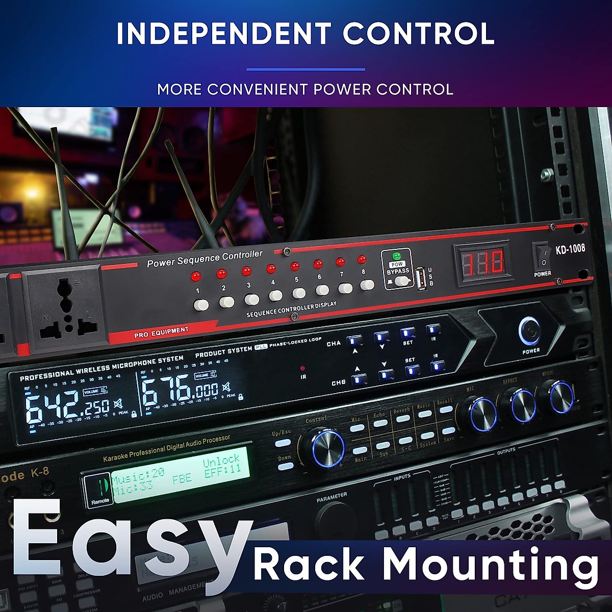 FULODE 10 Outlet Power conditioner -8 Independent Switch Rack power, Power conditioner rack mount Audio power conditioner Regulator w/Voltage Readout, With USB,Surge Protector (KD-1008)