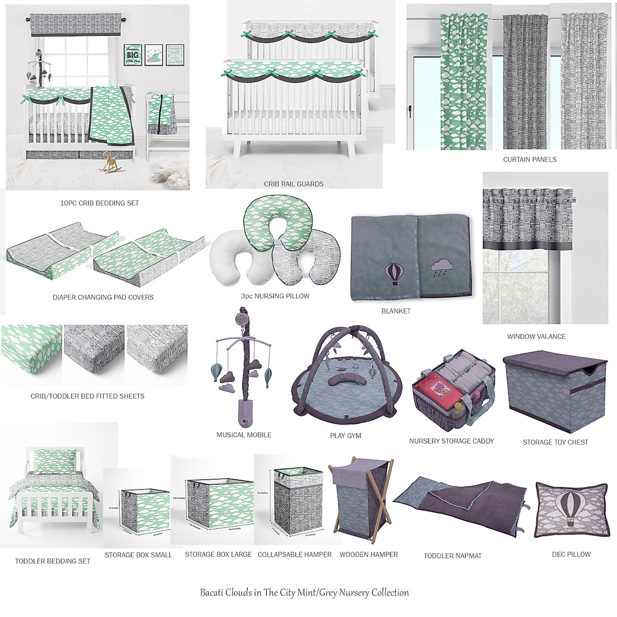 Bacati Clouds in The City Mint Clouds 2 Pack 100% Cotton Universal Baby US Standard Crib or Toddler Bed Fitted Sheets, White/Mint