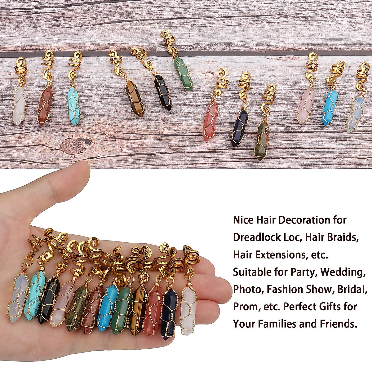 Messen 69 PCS Dreadlocks Jewelry Handemade Crystal Wire Wrapped Braids Hair Accessories Imitation Wood Beads Aluminum Hair Cuffs Coils Hair Rings Pearl Pendants for Hair Decoration (Gold)