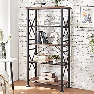 HOMBAZAAR Bookshelf, 5-Tier Industrial Bookshelves, Wood and Metal Bookcase,Free Standing Storage Small Modern Bookshelf for Living Room, Bedroom and Home Office，Brown