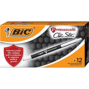 BIC PrevaGuard Clic Stic Ballpoint Pen With Built-in Protection To Suppress Bacteria Growth, Medium Point (1.0mm), Black, 12-Count